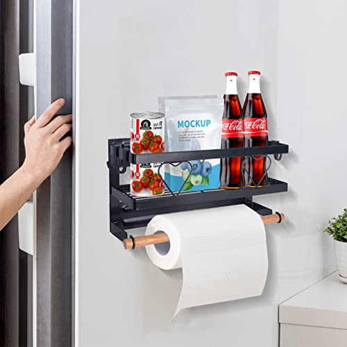 Graehn Magnetic Shelf for Refrigerator Paper Towel Holder Wall Mount Magnetic Spice Rack for Refrigerator Washing Machine Microwave OvenĀ Organizer for Kitchen 4 Hooks (Black)