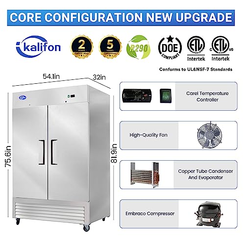 kalifon 54" Commercial Freezer with 2 Solid Door, 49 Cu.ft Reach-in Stainless Steel Freezer, Fan Cooling Freezer for Restaurant, Bar, Home, Shop, and Business(Equip 8 Shelves)