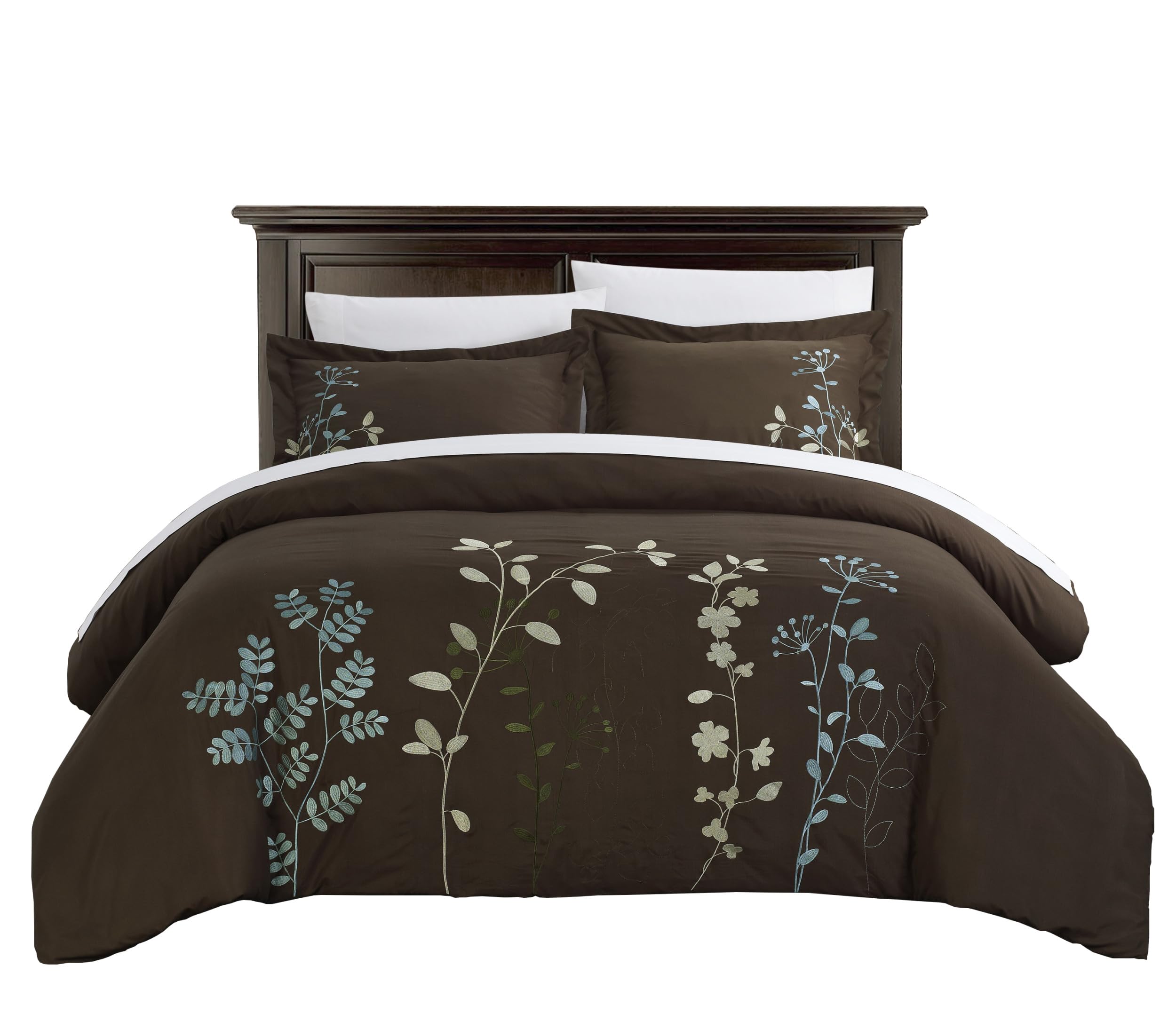 Chic Home 3-Piece Kaylee Floral Embroidered Duvet Set (King, Brown)