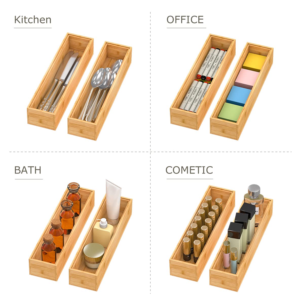 Bamboo Drawer Organizer Storage Box Kitchen - Wood Stackable Tray Set of 2 (12x3x2 inch)