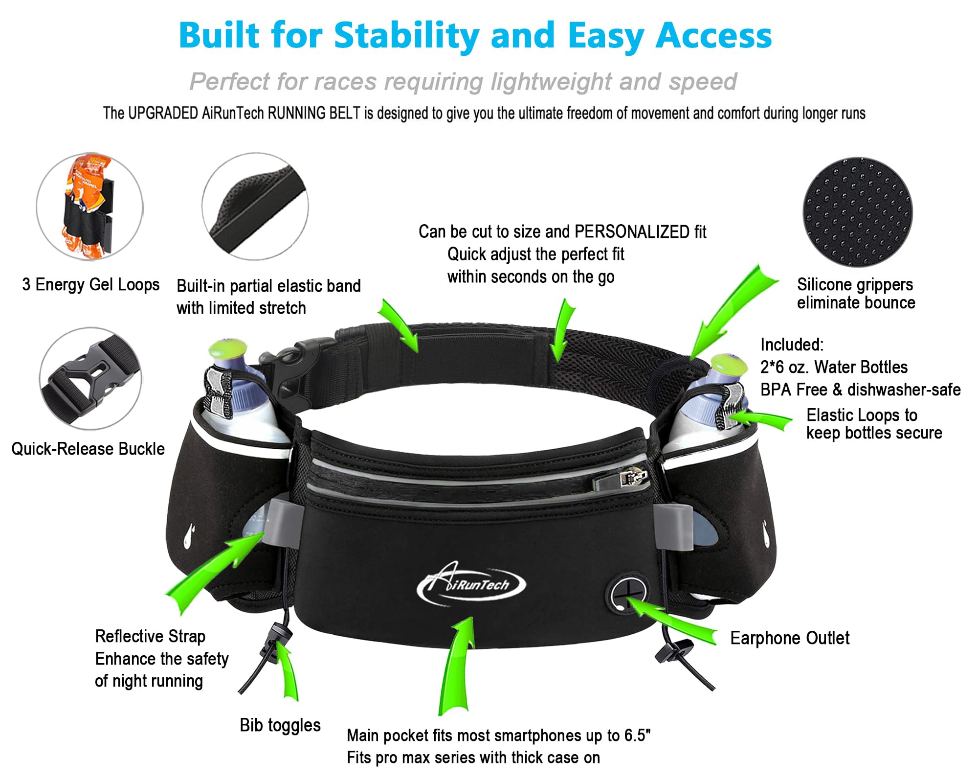AiRunTech Running Belt with Water Bottles No Bounce Hydration Belts Can be Cut to Size Design Strap for Runners(2 * 6 OZ bottles)