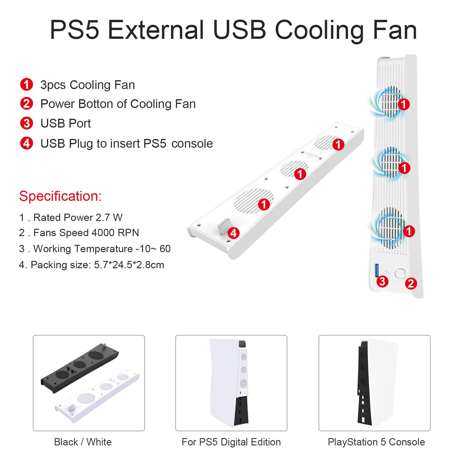 AKNES Cooling Fan for PS5,USB External Cooler 3 Fan Turbo Temperature Control Cooling Fans for Sony Playstation 5/5 Digital Edition Game Console,with 8 PCS Thumb Stick Grips Caps,White