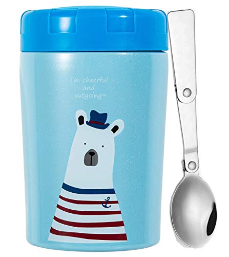 Thermos food jar - Food thermos for hot food - Leakproof vacuum insulated hot food jar for kids and adults with spoon - Soup Thermos - 13.5 Oz 400ml (Blue)