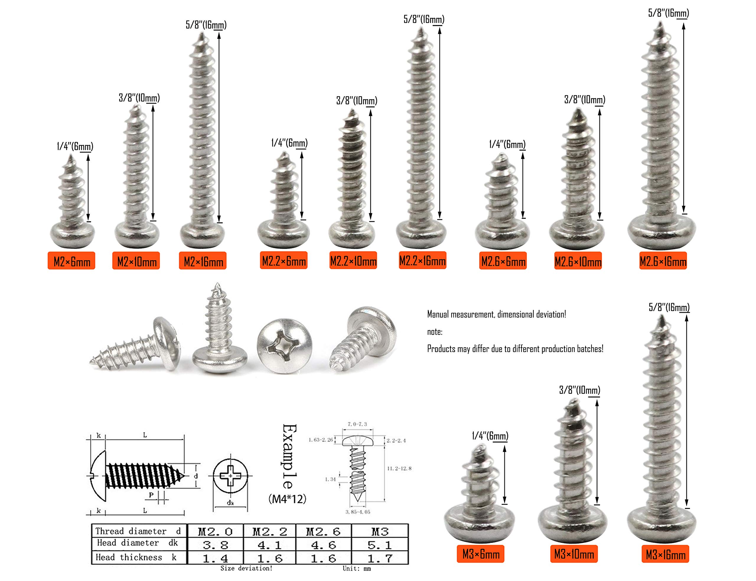 LBY 600pcs M2 M2.2 M2.6 M3 Pan Head Self-Tapping Sheetmetal Screw Assortment Kit, 12 Sizes, 304 Stainless Steel