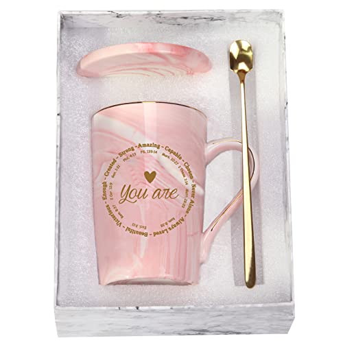 Bateruni Christian Gifts for Women Christian Mug Inspirational Gifts for Women Religious Gifts for Women You Are Amazing Mug 14 Ounce Pink with Gift Box Spoon Coaster