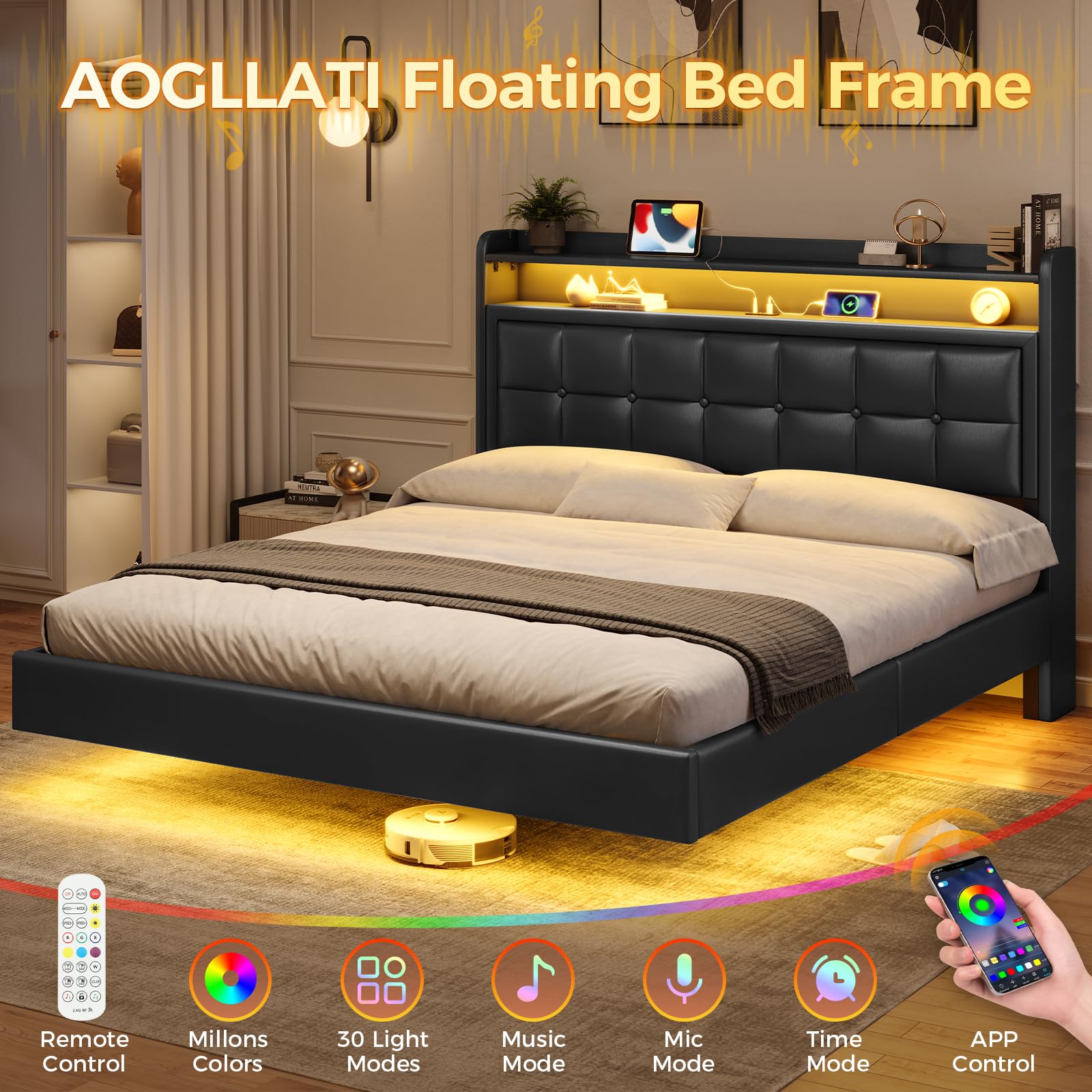 AOGLLATI Floating Bed Frame Twin Size with Storage Headboard,Upholstered Leather Black Led Twin Bed Frame with Charging Station & Led Light and Strong Structure, No Box Spring Needed, Black