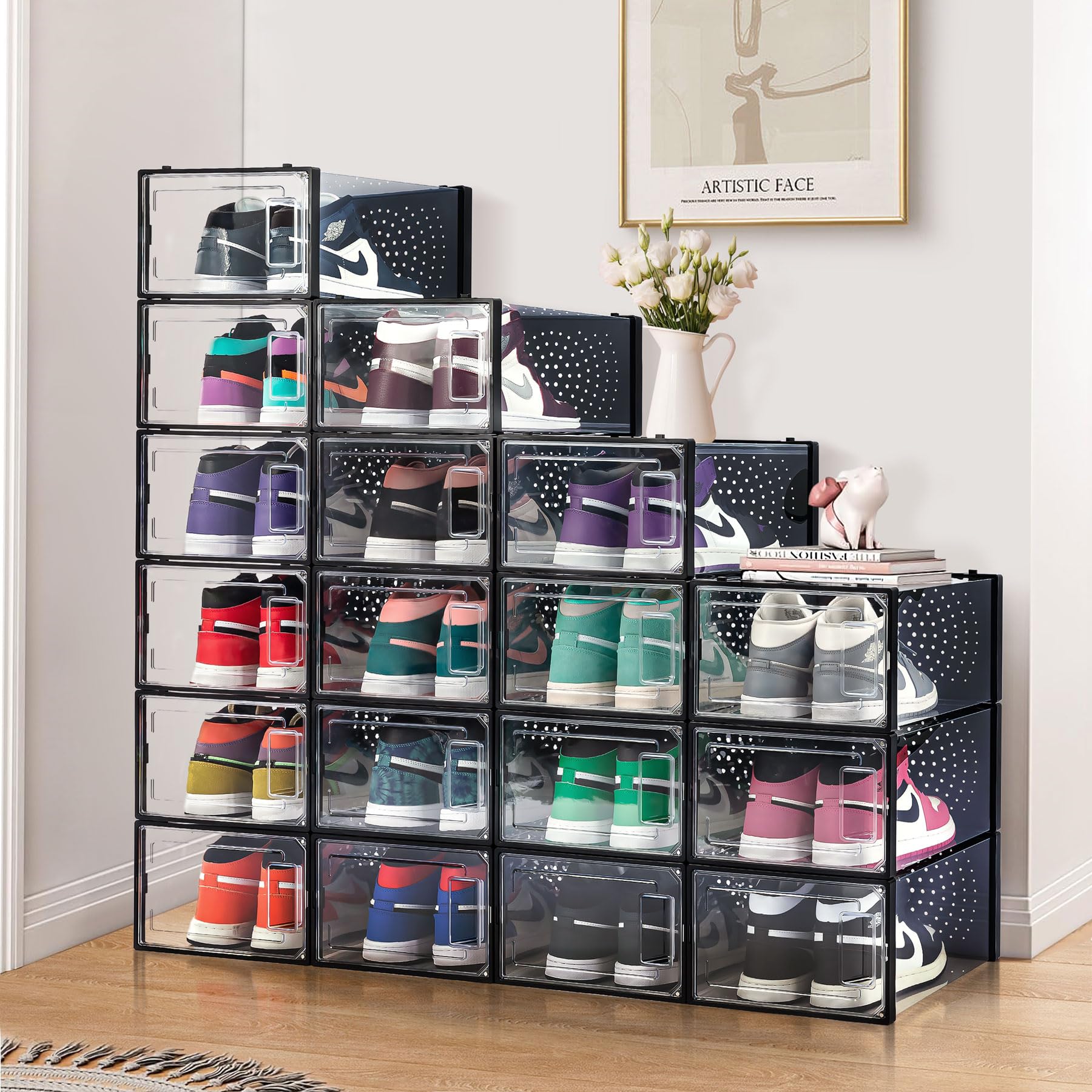 AOHMPT 18 Pack Clear Shoe Organizer Stackable Shoe Box Foldable Storage Bins Shoe Container Box Large Size Shoe Bins (X-Large)