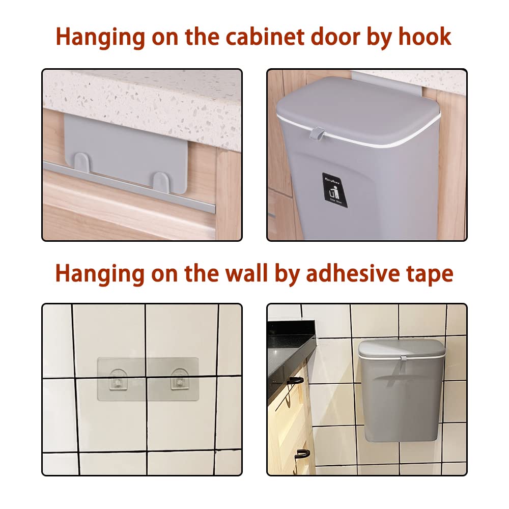 HITISPACE Hanging Trash Can with Lid for Kitchen Cabinet Door or Under Sink,Kitchen Compost Bin Countertop,Mountable Trash Can,Grey