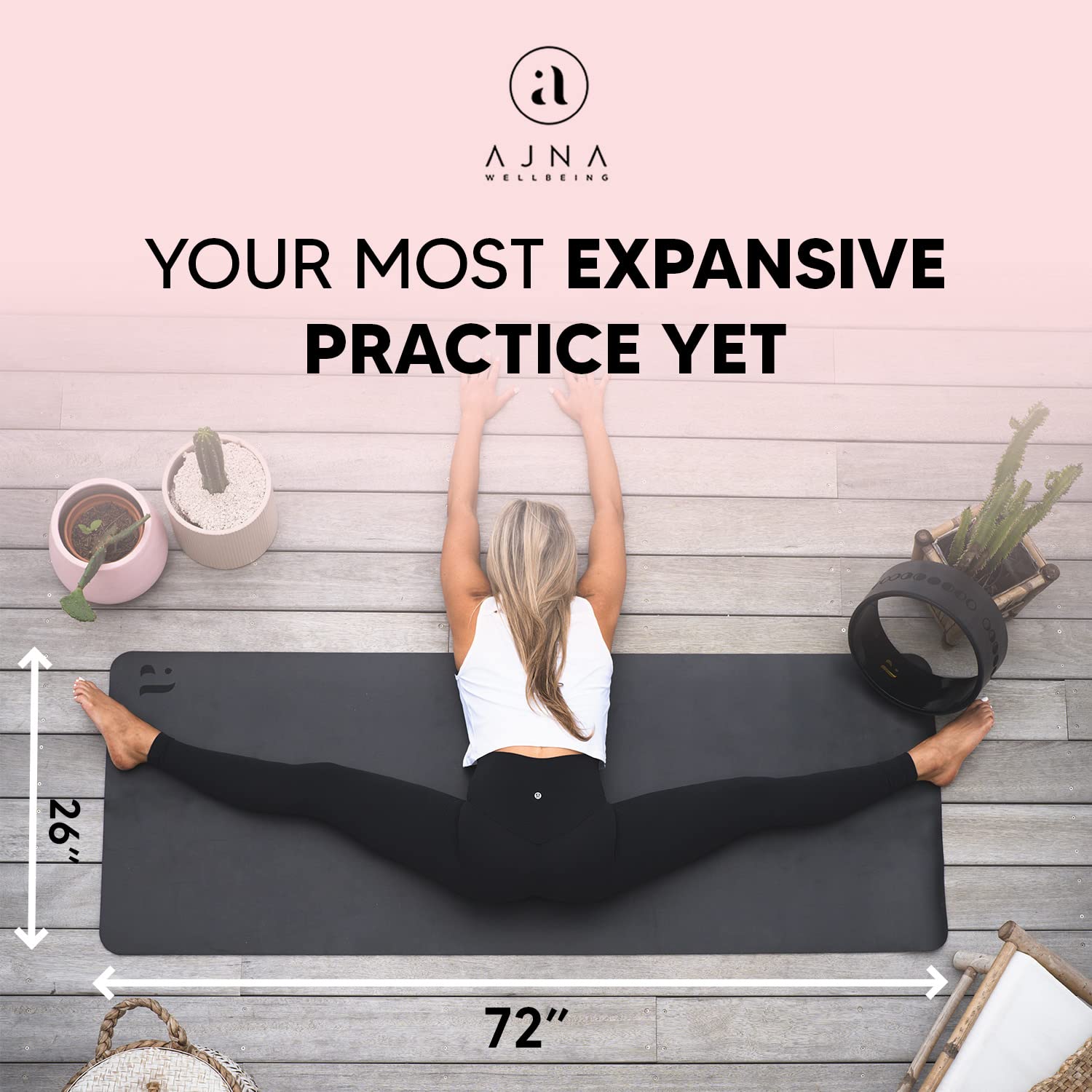 Ajna Natural Rubber Yoga Mat - Decrease Impact & Strain On Joints, Non-slip Stable Extra Long & Thick 6 feet, Pilates, Exercise, Fitness Accessory, High Density & Superior Dry Grip - Black