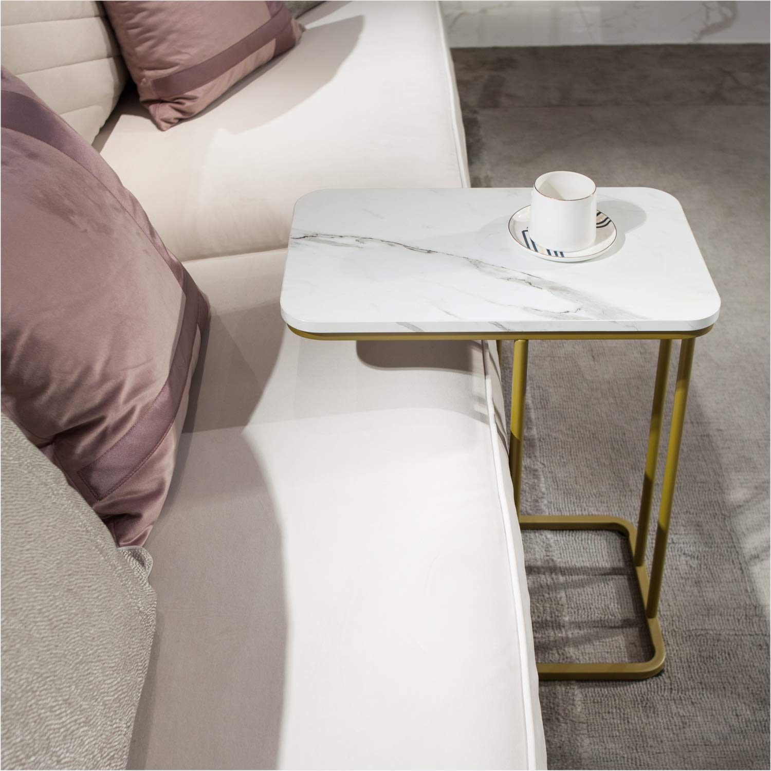 C Shaped Side Table, Small End Table, Modern Simplicity Waterproof Marble Pattern Coffee Table with Steel Frame for Living Room, Bedroom (White)