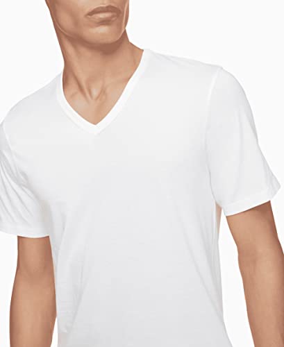 Calvin Klein mens 100% Cotton 3 Pack Short Sleeve Slim Fit V Neck, white - Large