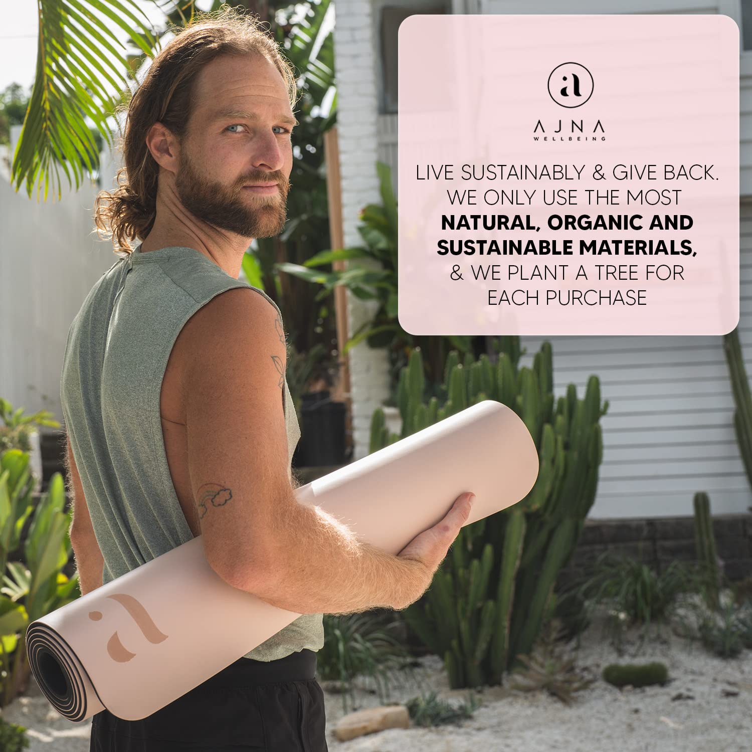Ajna Natural Rubber Yoga Mat - Decrease Impact & Strain On Joints, Non-slip Stable Extra Long & Thick 6 feet, Pilates, Exercise, Fitness Accessory, High Density & Superior Dry Grip - Nude