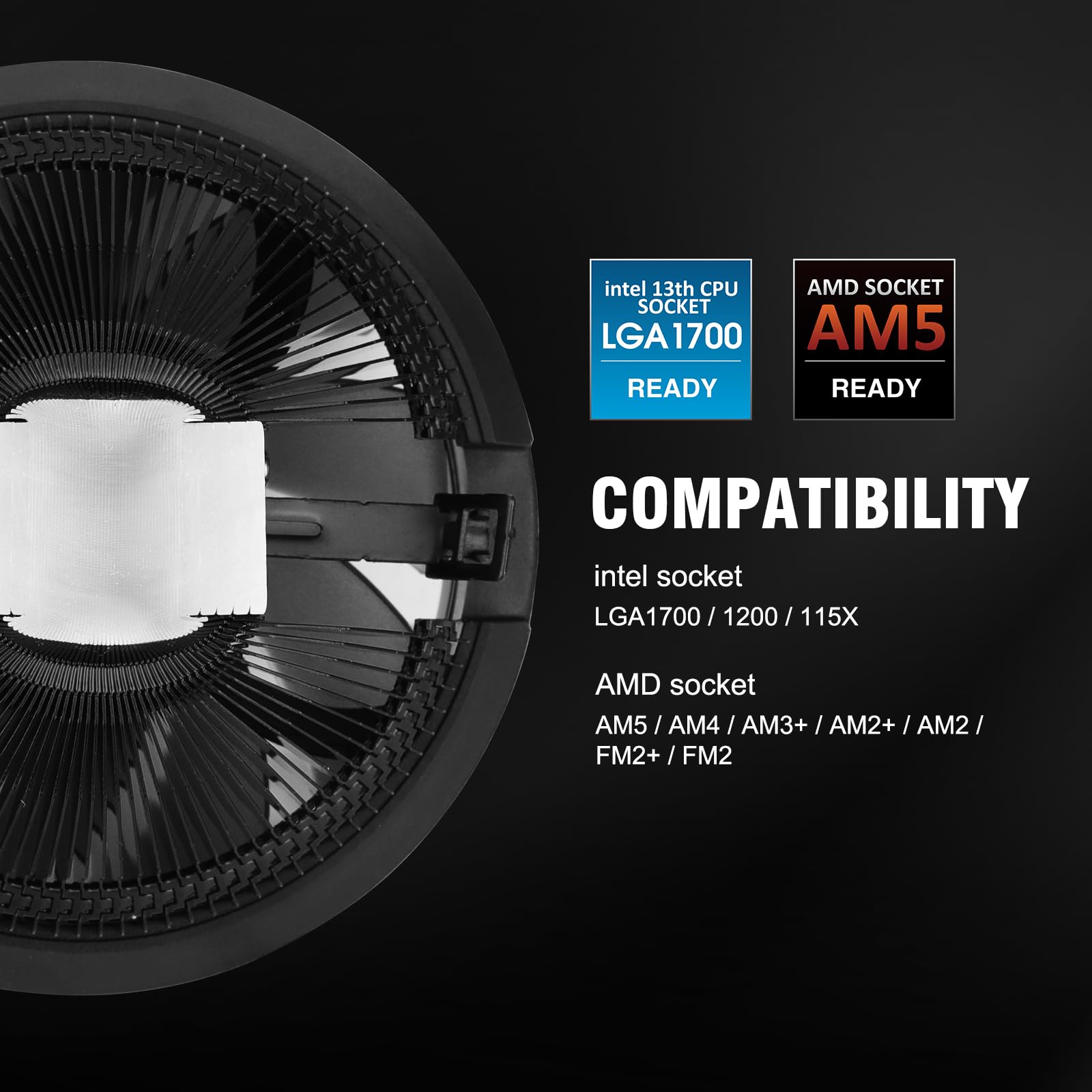 Vetroo M2 CPU Cooler, Black Aluminum Fins LED Ring Lighting Hydraulic Bearing 90W TDP Air Cooler for Intel LGA 1700/1200 & AM5/AM4/AM3+/AM3/115X
