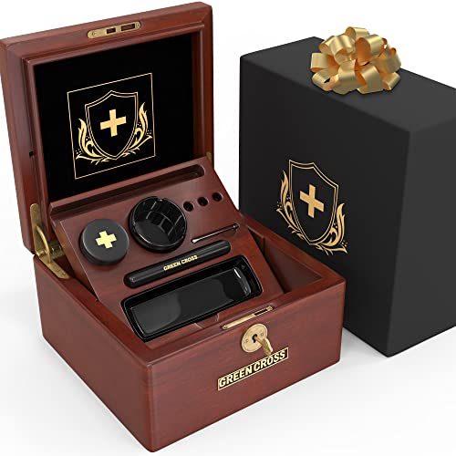 GREEN CROSS Stash Box Decorative Box Lock Box with Key Wooden Box Smell Proof Removable Wooden Tray Ceramic Tray Adjustable Compartments Storage Box for Home and Organization