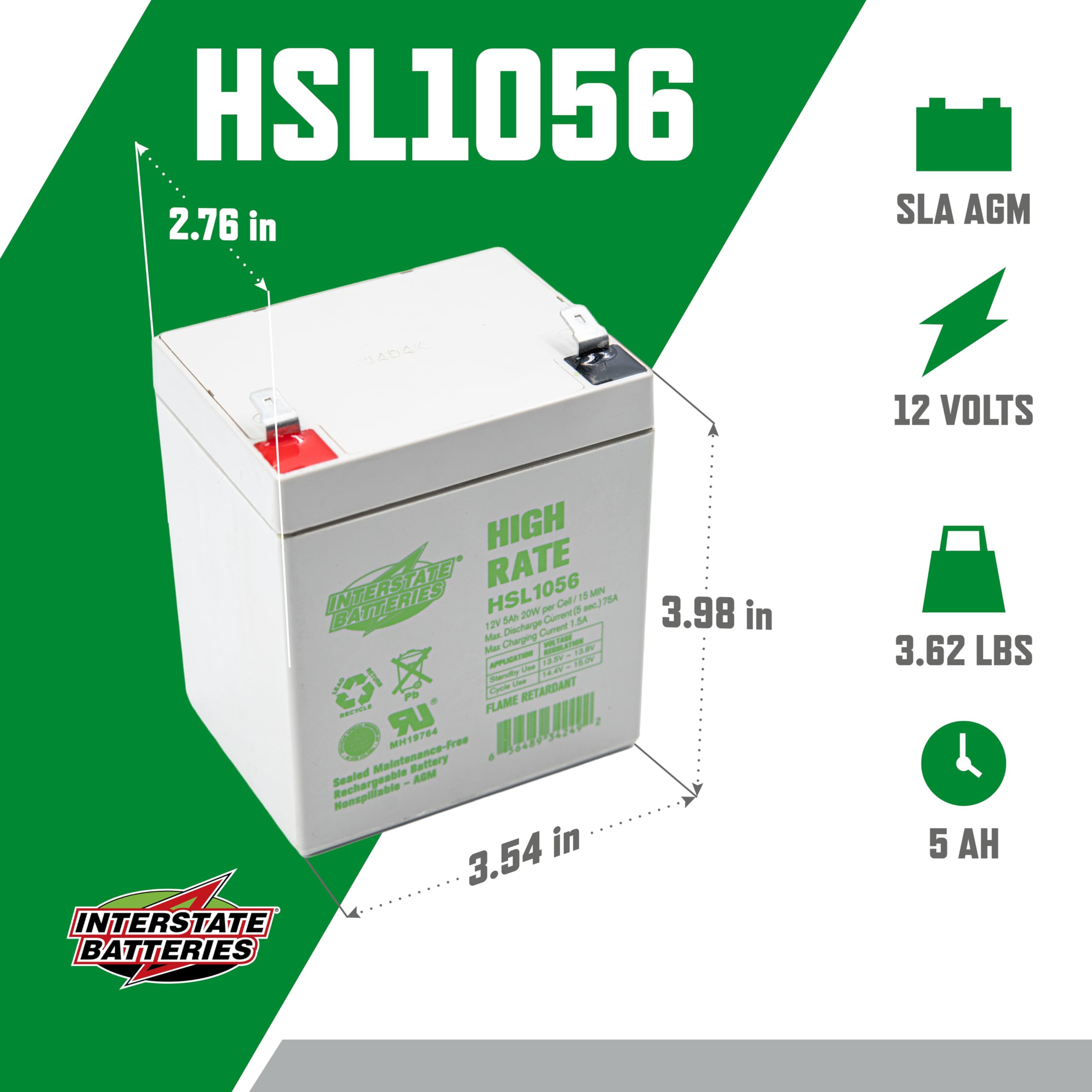 Interstate Batteries 12V 5Ah High Rate Battery (F2 Terminal) SLA AGM VRLA Fireproof Rechargeable Replacement for UPS Systems, Servers, Backup Power (HSL1056)