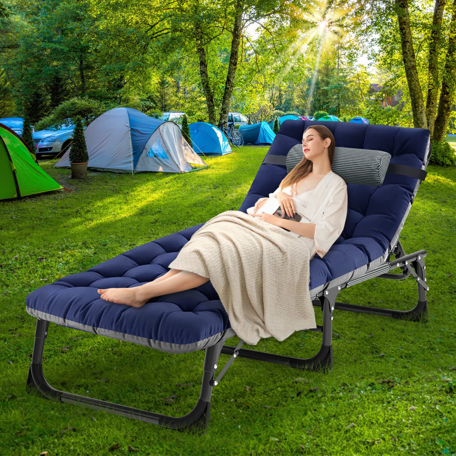 Barbella Folding Camping Cots Sleeping Cots for Adults, Adjustable 4-Position Folding Chaise Outdoor Patio Lounge Chairs, Portable Folding Bed Reclining Chair for Camping Pool Beach Patio Sun Tanning