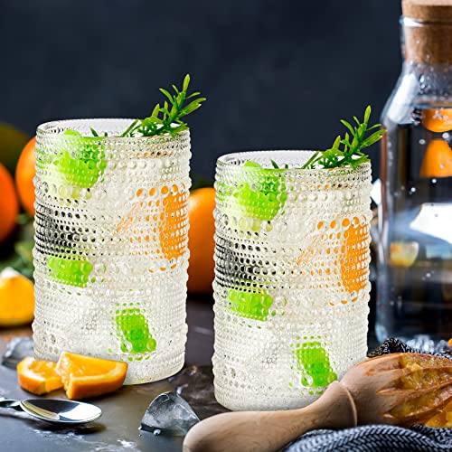 Hobnail Drinking Glasses 13 oz Cocktail Glasses Vintage Glassware Old Fashioned Drinking Glasses Embossed Glassware Cups for Beverage, Water, Wine, Beer, Juice, Mixed Drinkware (Clear, 12 Set)