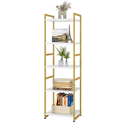finetones 5 Tier Corner Shelf, Narrow Bookshelf Gold with Metal Frame, Modern Display Storage Organizer for Bedroom Living Room Home Office, White and Gold
