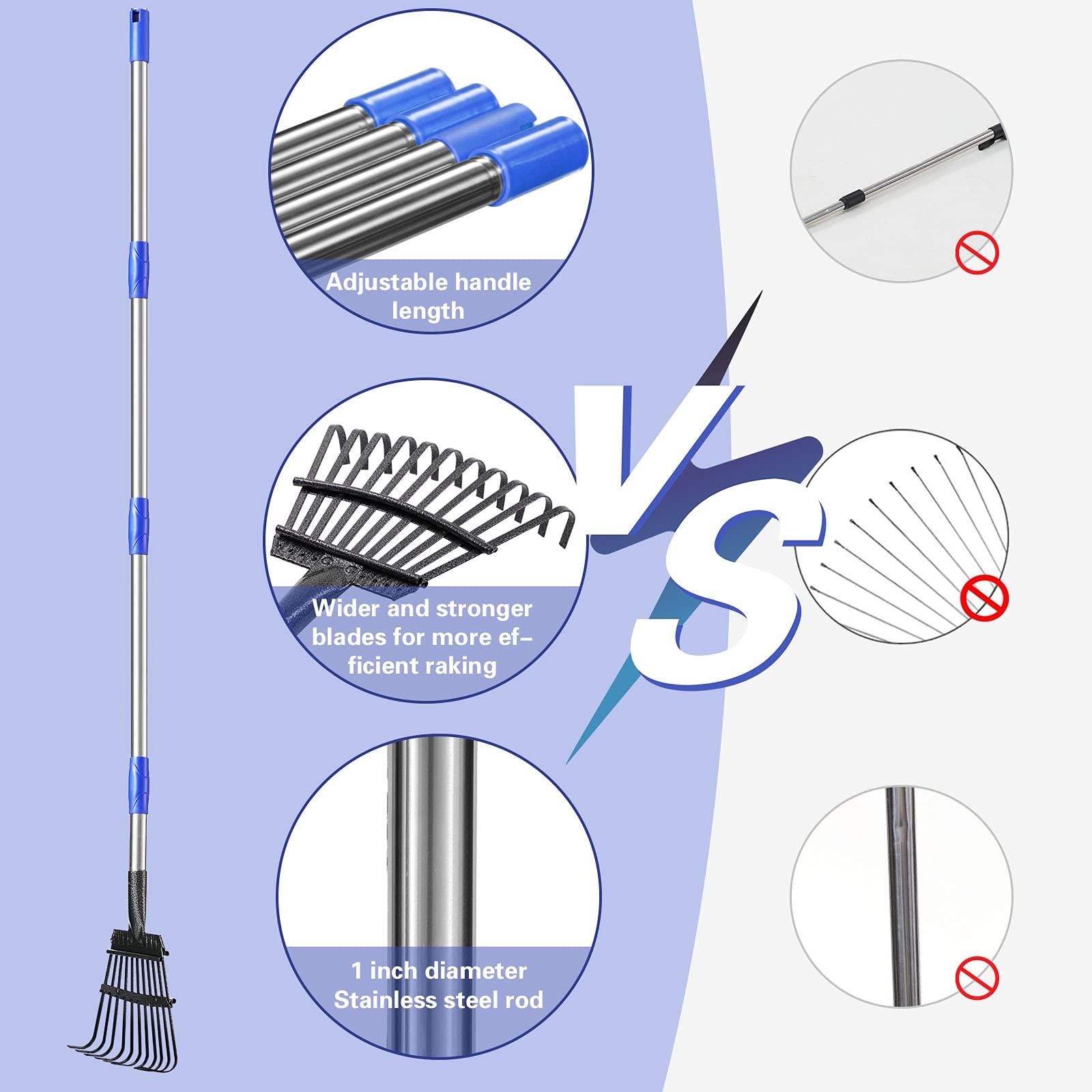 72 inch Adjustable Garden Rake Leaf, Collect Loose Debris Among Delicate Plants, Lawns and Yards, Expandable Head from 15inch to 72 inch. Ideal Garden Rake Tools
