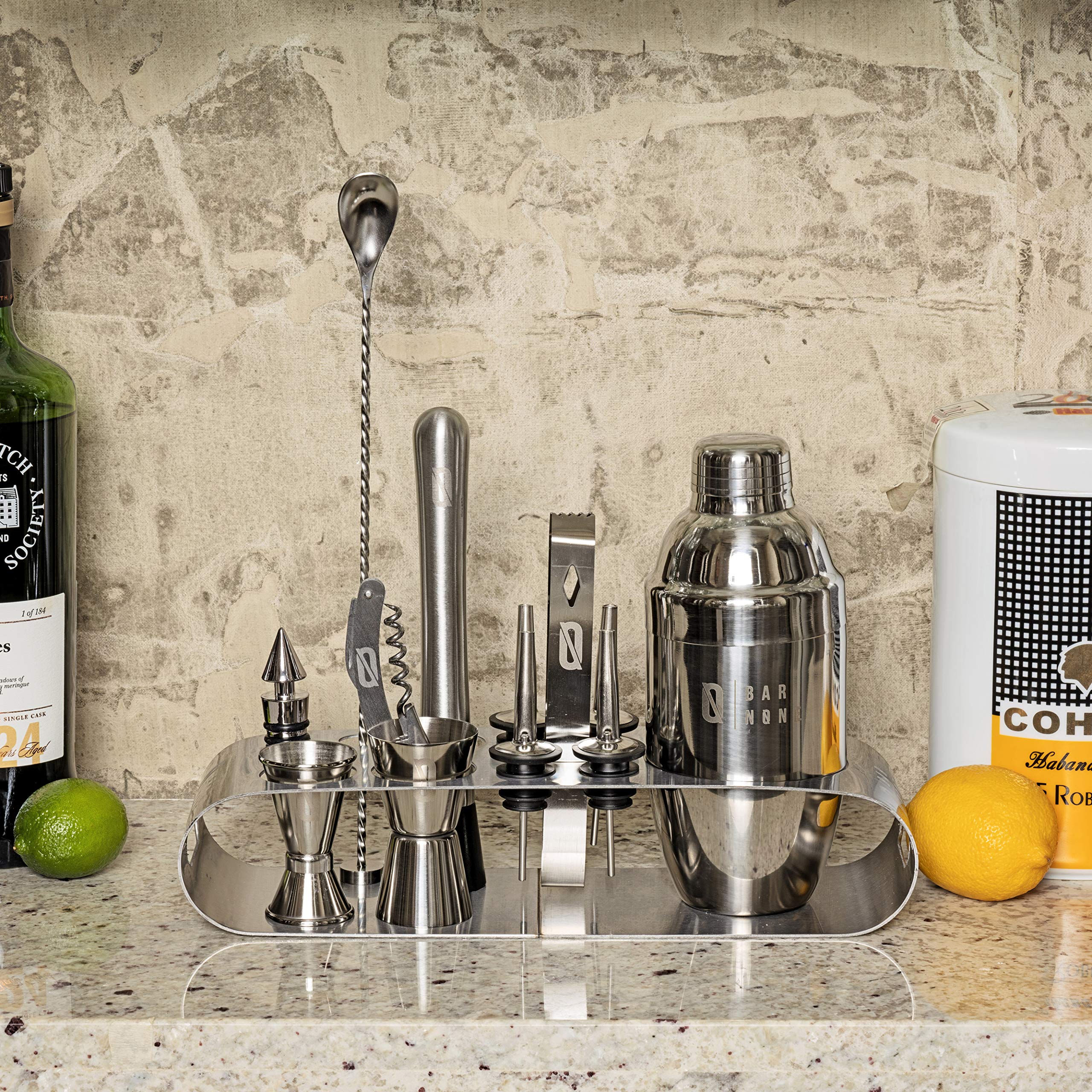 BAR NONE The Cocktail Set | 12-Piece Stand Bar Set Exquisite Quality Bartender Kit Tools | Martini Shaker Jigger Shot Muddler Spoon Ice Tongs Corkscrew Knife Bottle Opener Pourers (Stainless Steel, 1)