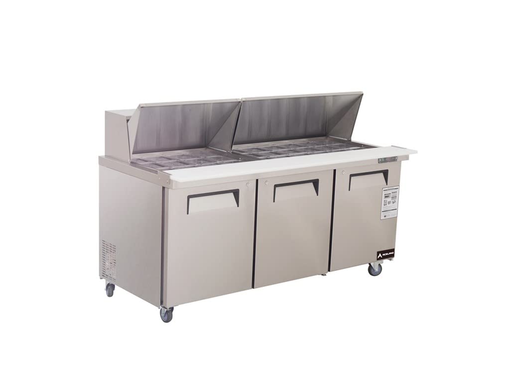 Aceland ASR-72BM 3 Door 72" MEGA Top Sandwich Prep Table Refrigerator - 20 Cu.Ft Refrigerated Salad Prep Station Table with Cutting Board and Pans, for Restaurant, Bar, Shop, Residential