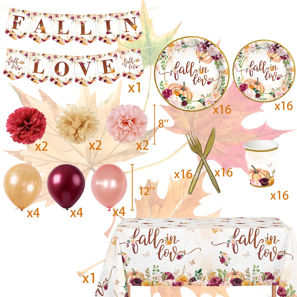 Fall in Love Party Decorations Fall Floral Pumpkin Decoration Set Includes Fall Tablecloths, Fall in Love Dinner Plate Boho Balloons Perfect for Bridal Shower Anniversary Engagement Party Decorations