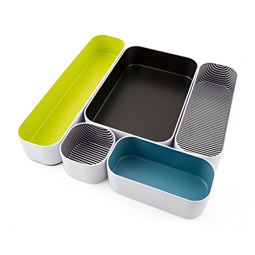 Three by Three Seattle 5 Piece Metal Organizer Tray Set for Storing Makeup, Stationery, Utensils, and More in Office Desk, Kitchen and Bathroom Drawers (2 Inch, Assorted Colors, Stripes)