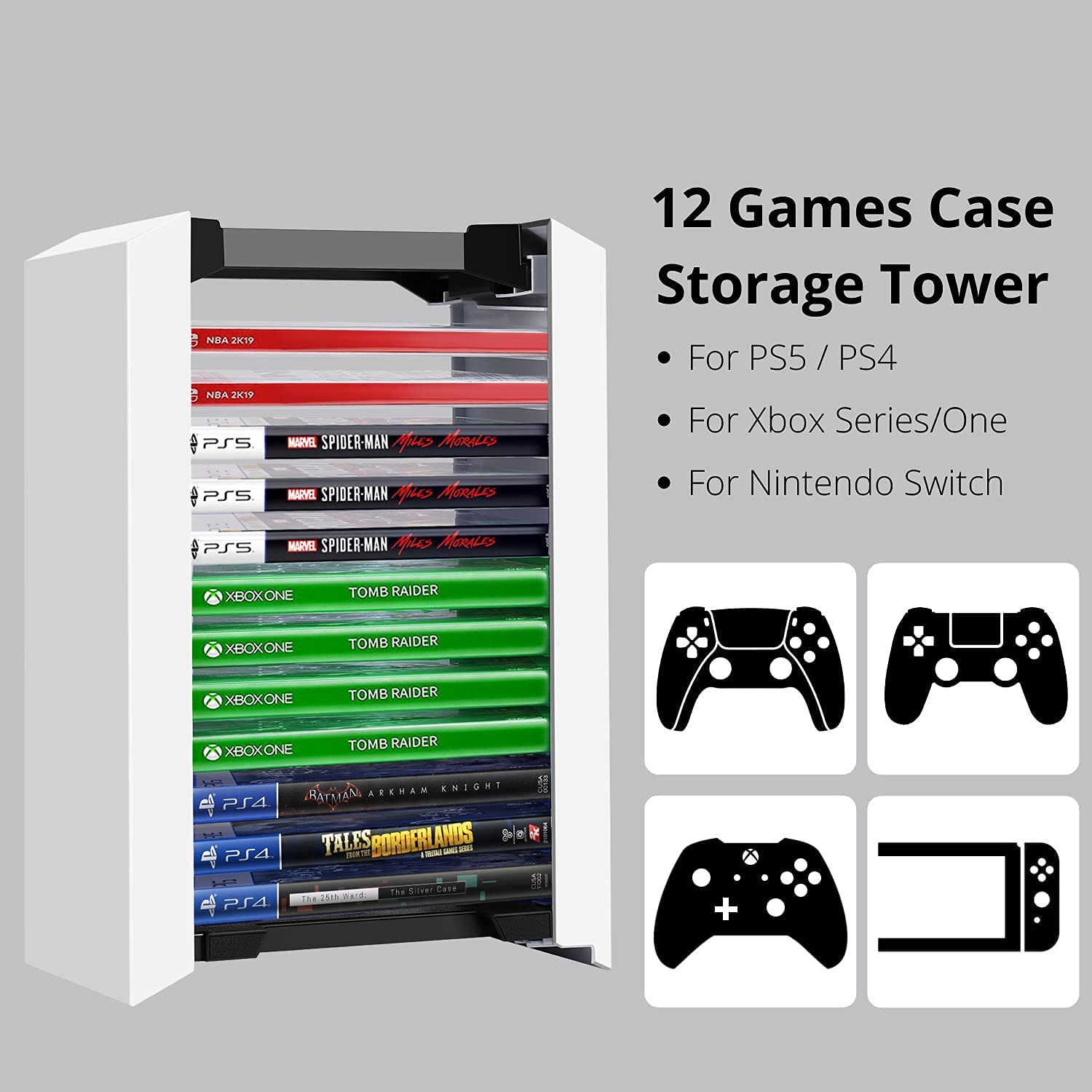 Eddrence PS5 Game Storage Tower Universal Games Storage Tower Stores 12 Game or Blu-Ray Disks Game Holder Rack for PS4, PS5, Xbox One, Xbox Series X/S, Nintendo Switch Games and Blu-Ray Disks