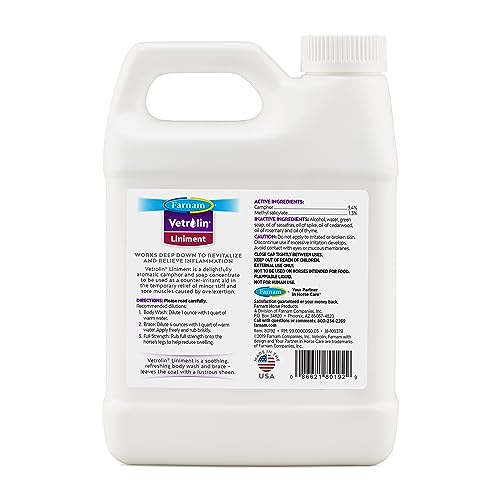 Farnam Vetrolin Horse Liniment for Muscle Soreness, Stiffness and Inflammation Relief on Horses, Helps Reduce Swelling, Aids in Pain Relief, 32 Oz.