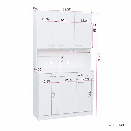 Cabinet, Large Kitchen Storage Cabinet Buffet Cabinet 71" Freestanding Kitchen Pantry Cabinet Cupboard with 6 Doors and 1 Drawer Versatile Wardrobe & Kitchen Cabinet Craft Storage Cabinet (White)