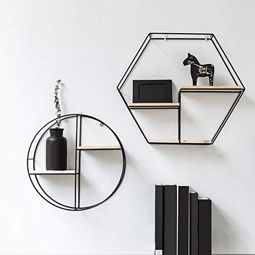 Prime Leader Wall Mounted 2 Tier Regular Hexagon Metal Display Organizer Rack Holder Floating Shelves for Bedroom Living Room Kitchen Office(Black, 18.8" x 16.5")