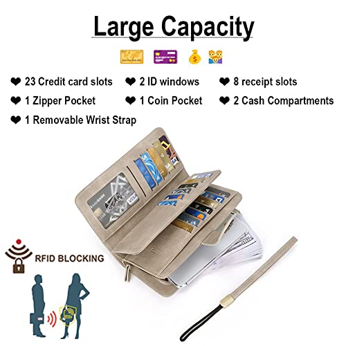 CLUCI Wallet for Women Leather Large Capacity Purse Wristlet Clutch RFID Blocking Credit Card Holder with ID Window Two-toned Gray