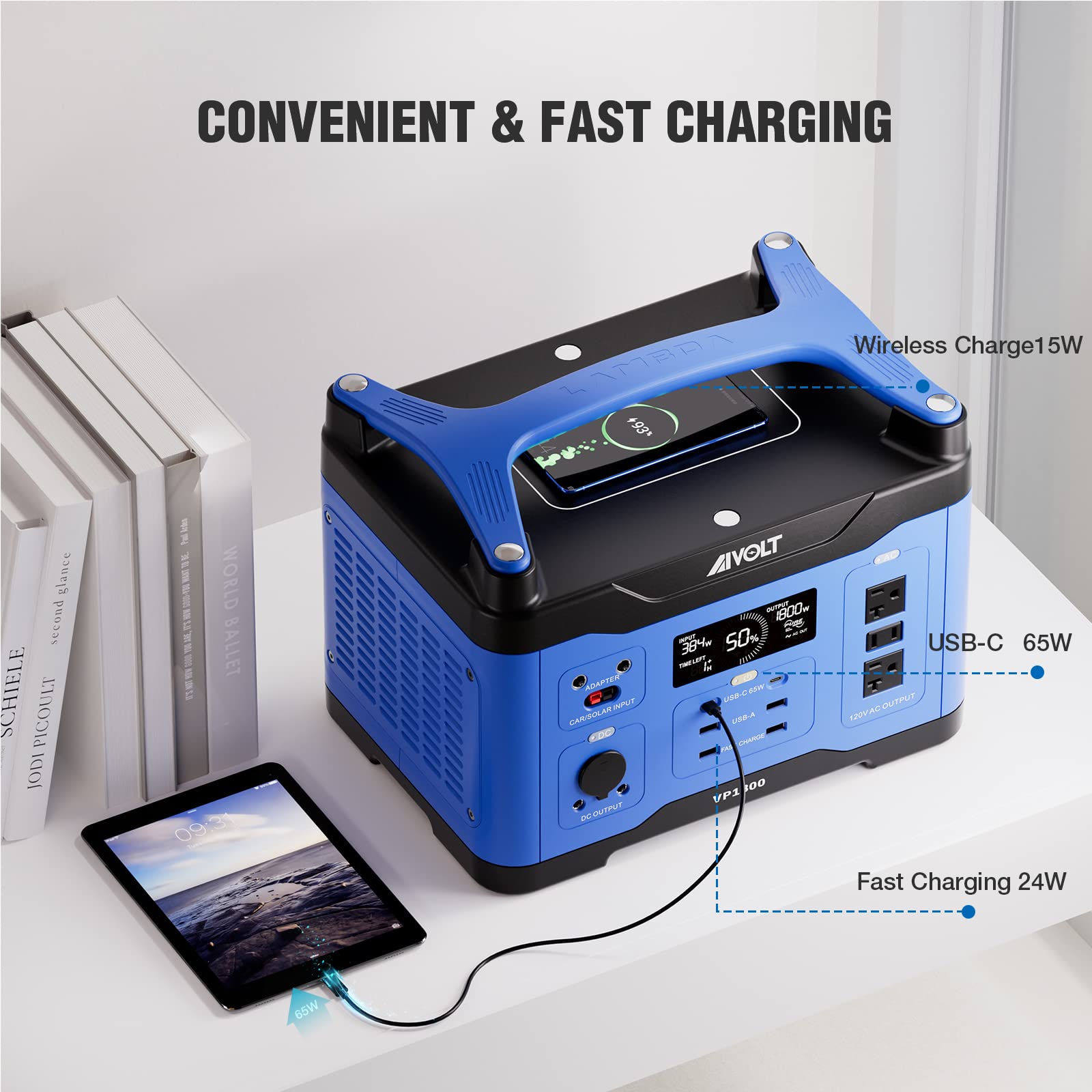AIVOLT Portable Power Station 800W/892Wh Solar Powered Generator, 3 AC Outlets, 2 USB-C Ports, 2 Fast Charge Ports, Wireless Charging, Solar Generator for Outdoor Camping Hiking, Indoor Backup