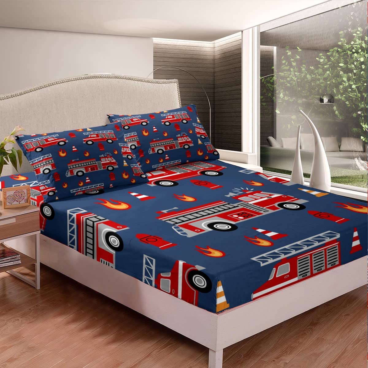 Cartoon Car Bed Sheets Set Fire Truck Sheet Set for Kids Boys Girls Room Decor Firefighter Sheets with Deep Pocket Fitted Sheet Firemen Car Vehicle Fire Engine Blue Red Bedding Set 4Pcs Full