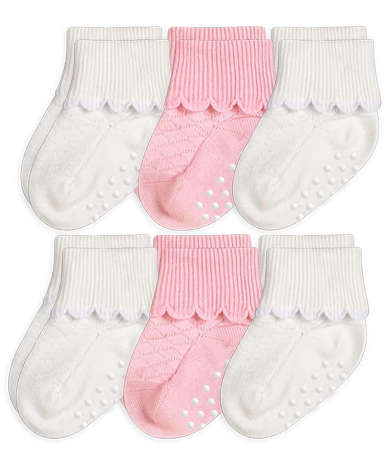 Jefferies Socks Baby Girls' Non-Skid Scalloped Turn Cuff 6 Count (Pack of 1), White/Pink, Toddler, Shoe Size 3-7
