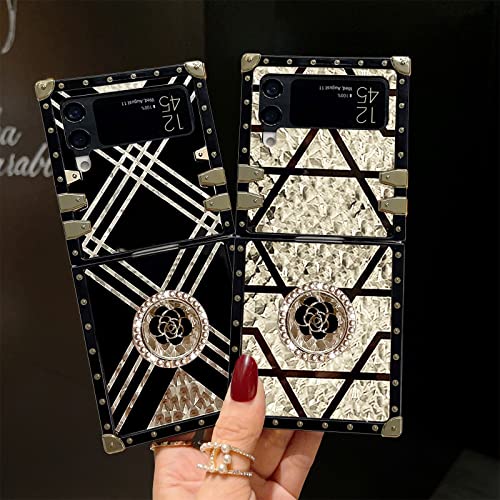 CCSmall Square Phone Case for Samsung Galaxy Z Flip3 with Ring Kickstand for Women Girly, Cute Elegant Metal Decoration Corner Soft TPU Case Cover for Samsung Galaxy Z Flip 3 BF Plaid Gold