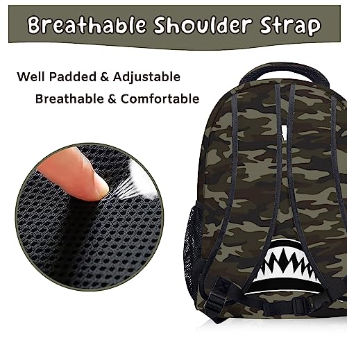 Cbntnaf Camo Daypack for Women Men, Shark Teeth Bookbag for Boys Girls, Large Capacity Lightweight Backpack for School Work Camping Hiking