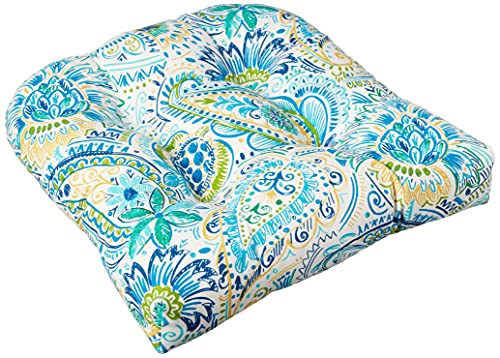 Pillow Perfect Paisley Outdoor Wicker Patio Seat Cushion Reversible, Weather, and Fade Resistant, Round Corner - 19" x 19", Blue/Yellow Gilford, 2 Count