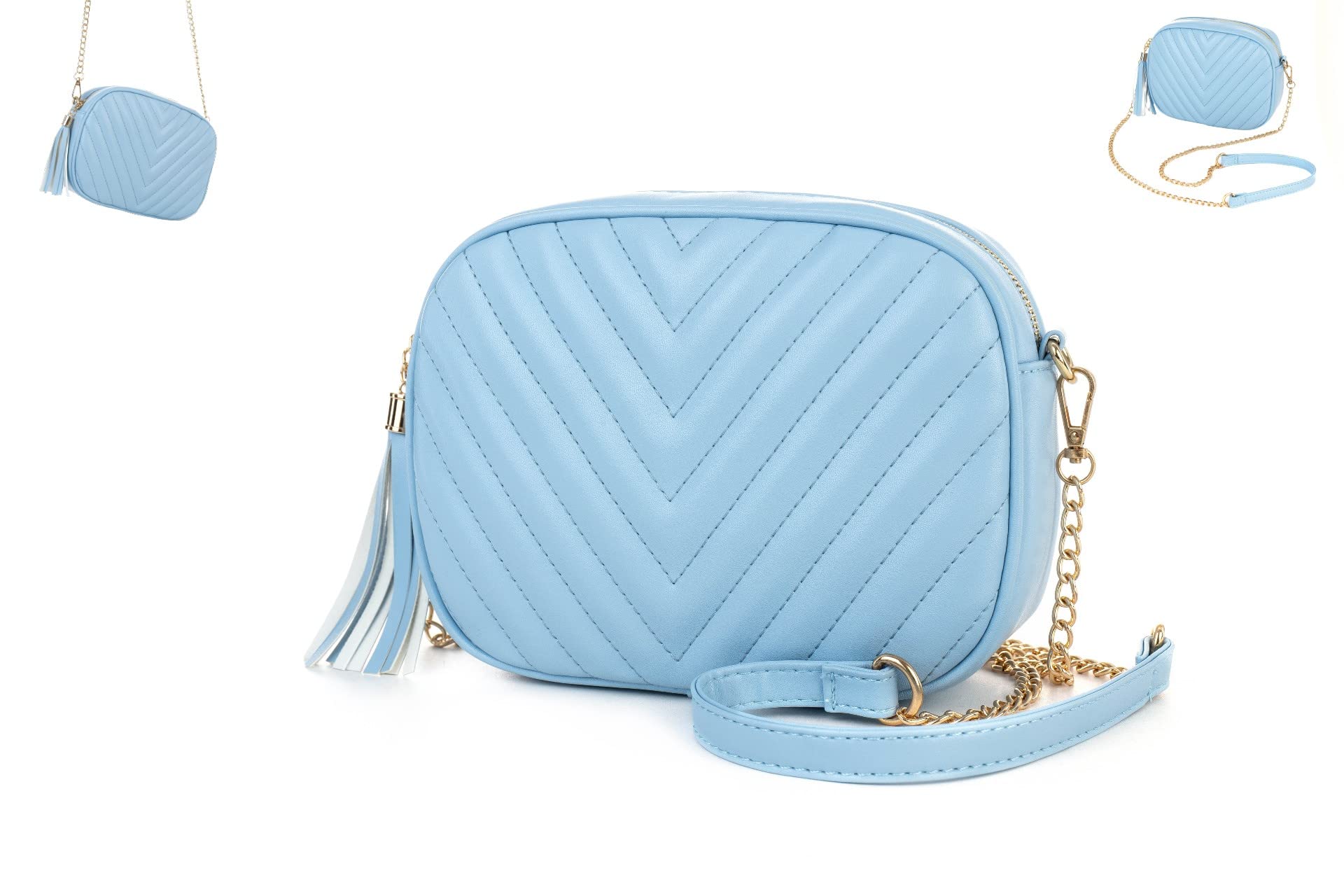 H HANBELLA - A FASHION TRENDY COLLECTION. FOREVER. - Girls Small Crossbody Camera Bag with Chain Strap and Tassel Light Blue