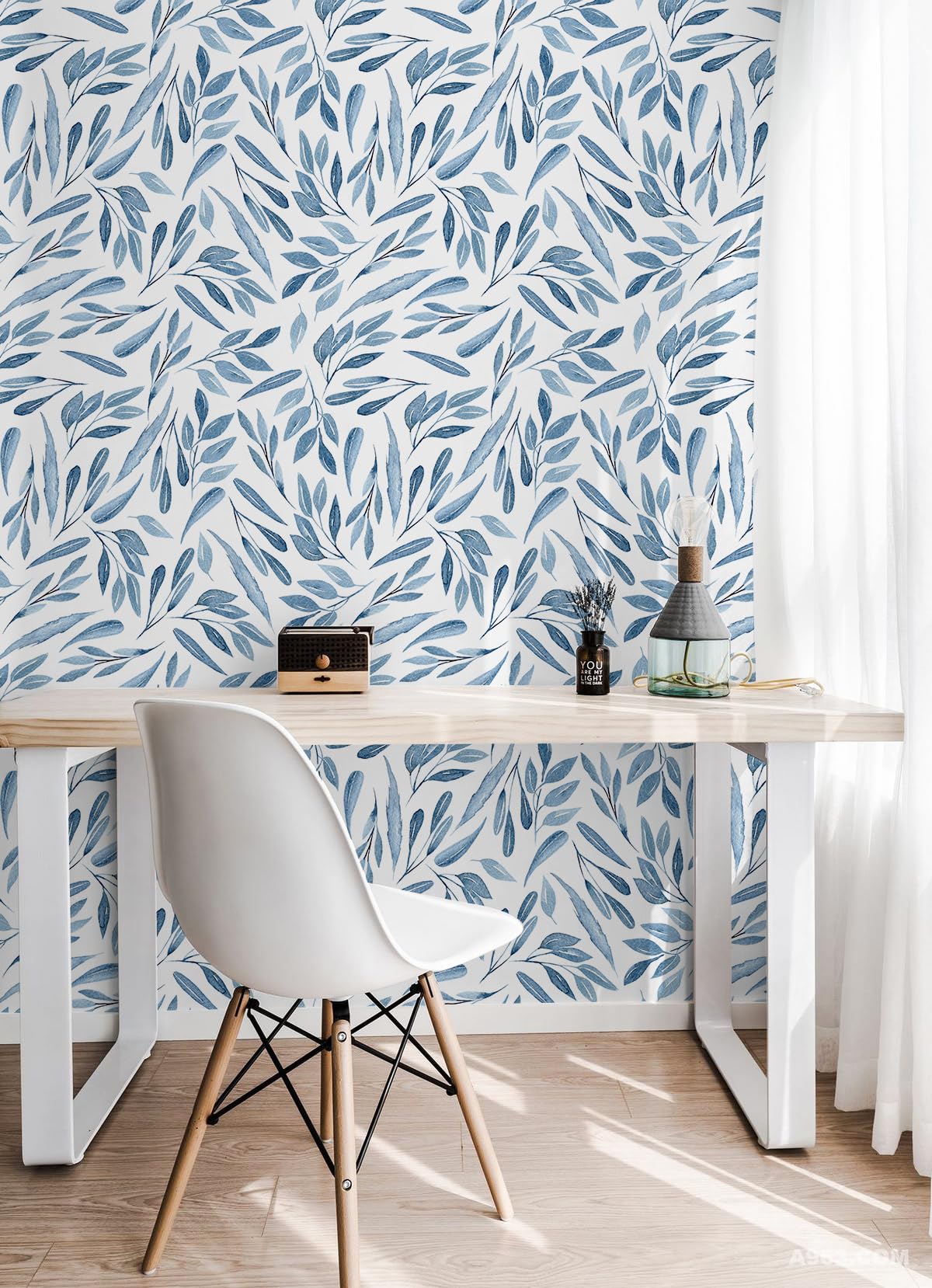 HAOKHOME Boho Peel and Stick Wallpaper Blue Branches Leaves Removable Vinyl Self Adhesive Contact Paper 17.7in x 9.8ft