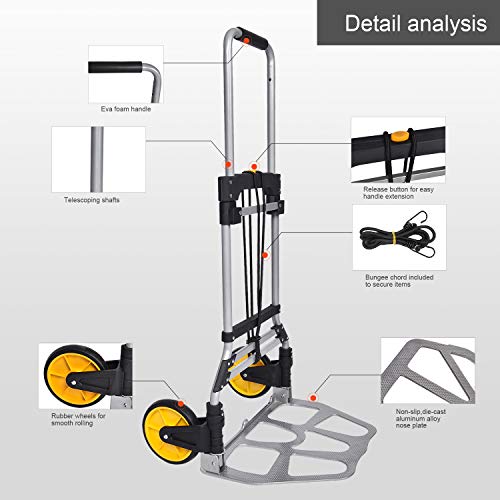 FULLWATT 264 Lb Capacity Folding Hand Truck and Dolly Cart Aluminum Portable Folding Hand Cart with Telescoping Handle and Rubber Wheels