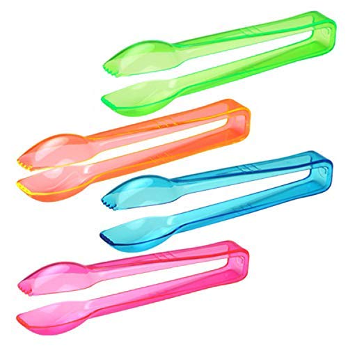 Tiger Chef 6 Inch Serving Ice Tongs Neon Glow In The Dark Under Blacklight Colored Heavy Duty Disposable Plastic Serving Set In Pink Blue Green Orange Set Of 4 (Ice Tong, Multi-Colored)
