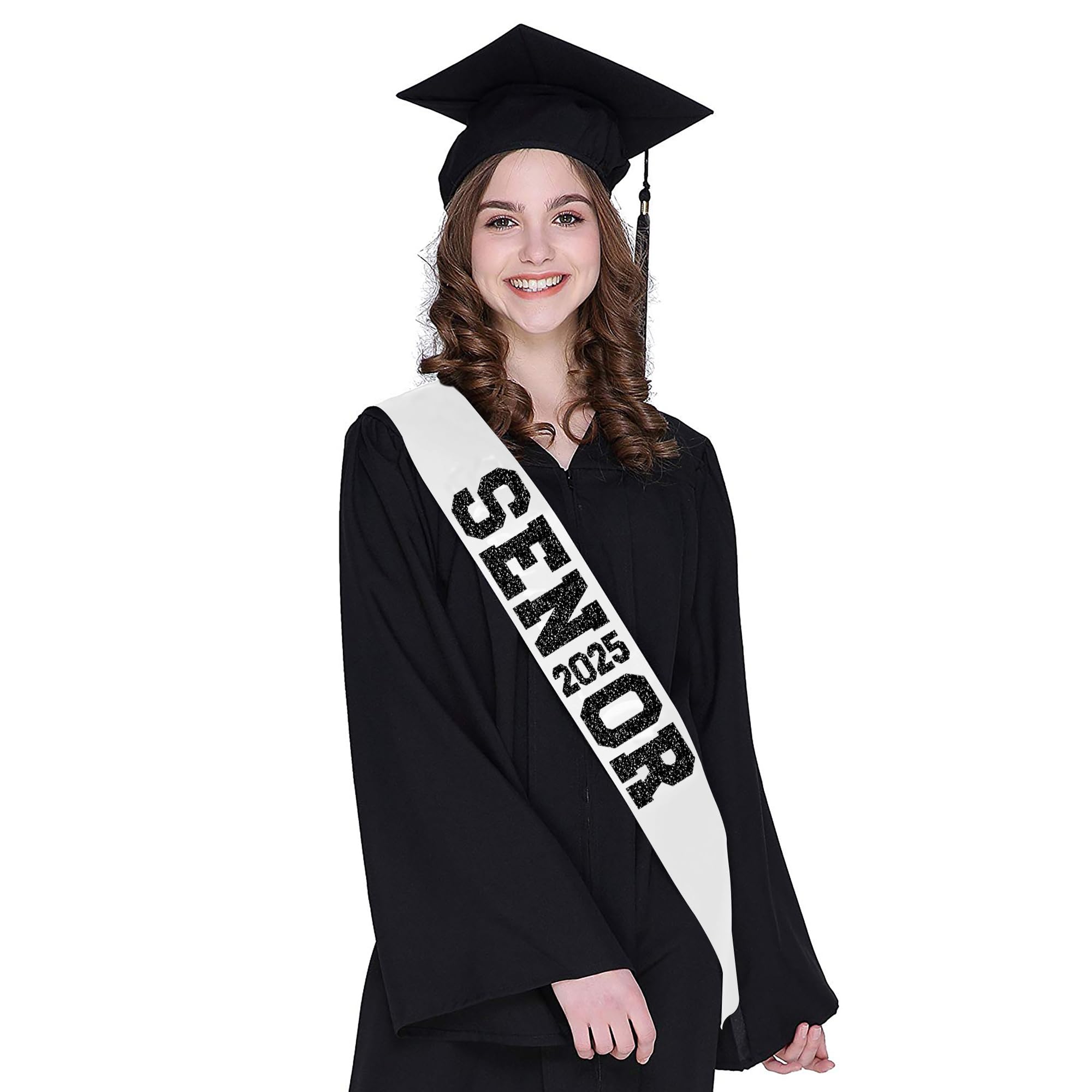 6Pcs White Senior 2025 Satin Sashes with Black Glitter Letters- 2025 Graduation Celebrations Sashes - Senior Cheer Sash - Cheerleader Sash - Class Competition Sashes