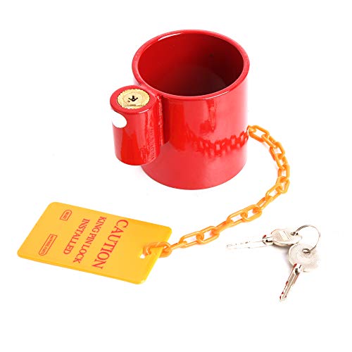 WINTOOLS Heavy Duty Steel Kingpin Lock Wheel Trailer Lock King Pin Red Lock with Bright Yellow Caution Tag