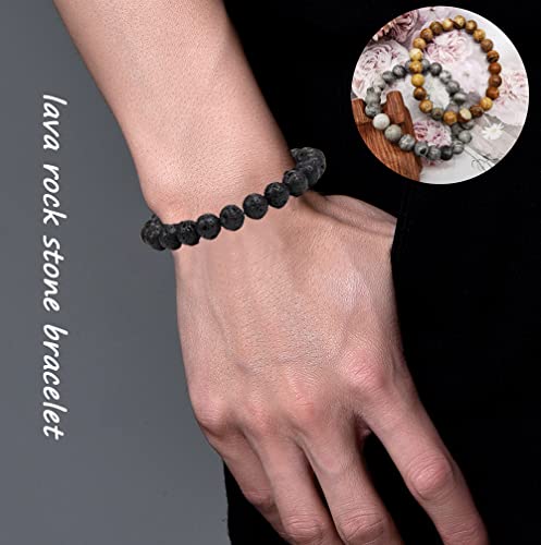 FINZOR 12 Pcs 8mm Gemstones Beaded Bracelets for Men Women Semi-Precious Stone Healing Stretch Round Bead Crystal Bracelets Unisex