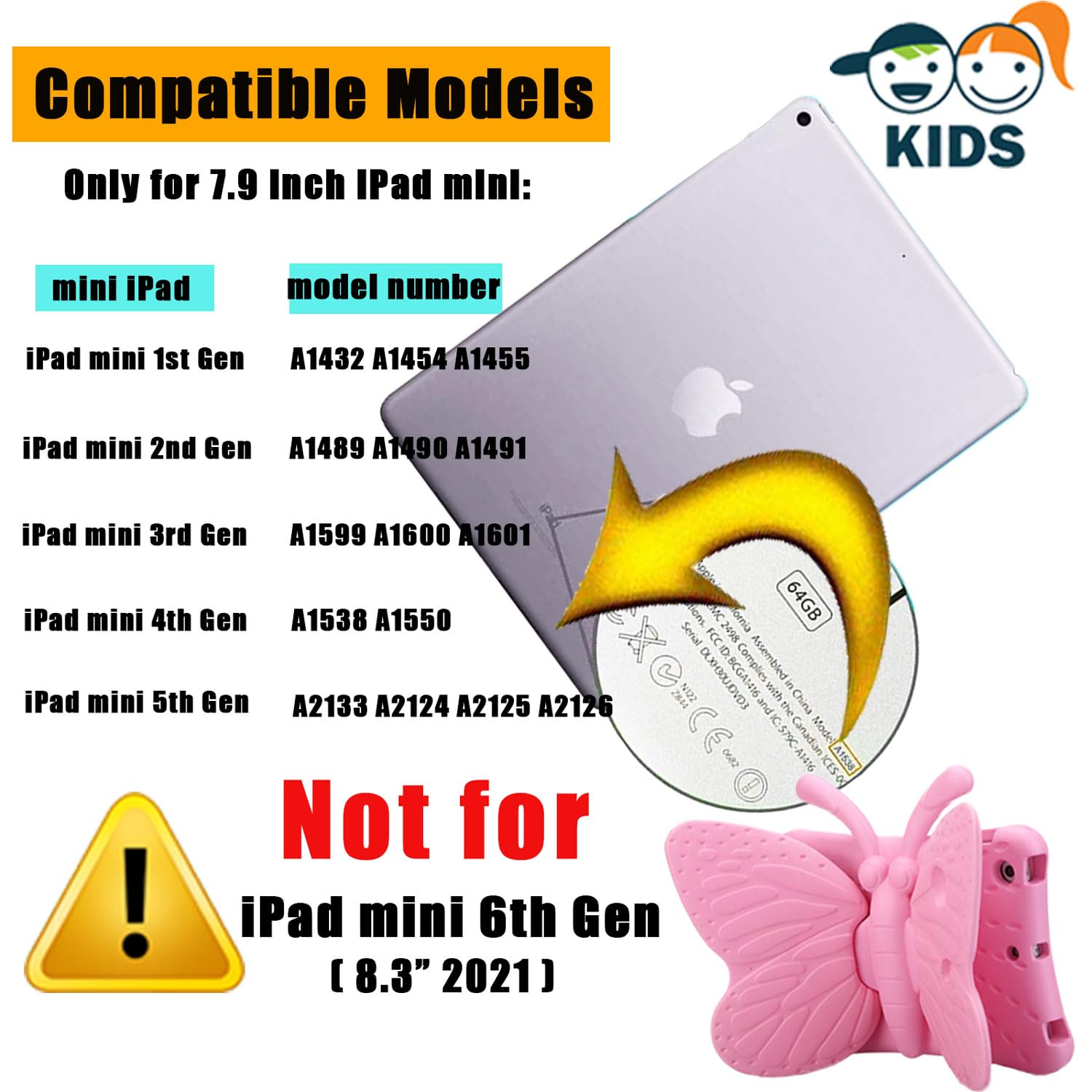 iPad Mini Case for Kids, Light Weight Cute Butterfly Design Shockproof Drop-Proof Soft EVA Foam Protective Tablet Case Cover for Apple iPad Mini 1/2/3/4 - Pink