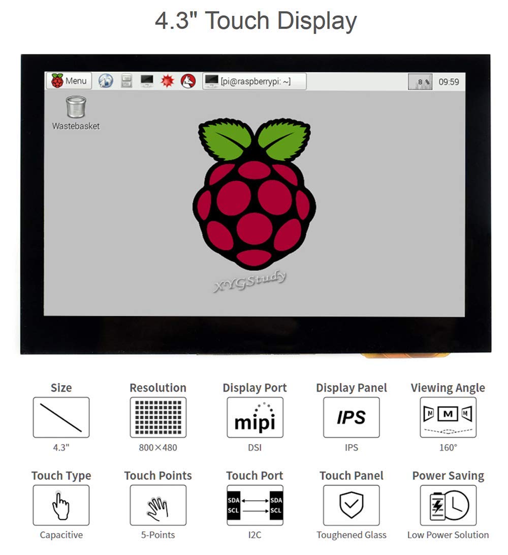 XYGStudy 4.3inch for Raspberry Pi IPS LCD Capacitive Touch Display Screen 800×480 4.3inch IPS Wide Angle MIPI DSI Interface for Raspberry Pi 4 3 2 Model B B+ A+ Raspbian Retropie Ubuntu Driver Free
