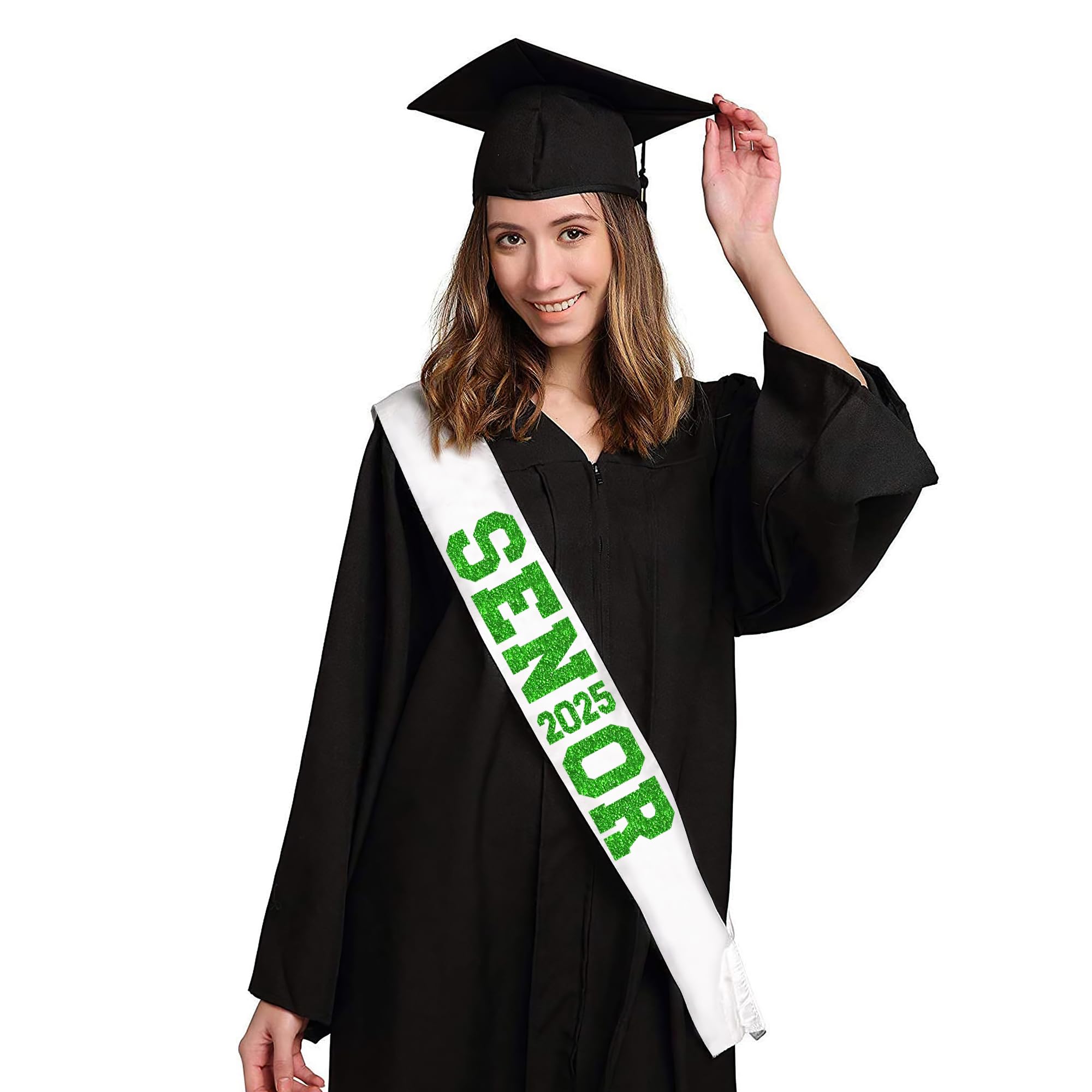 6Pcs White Senior 2025 Satin Sashes with Green Glitter Letters- 2025 Graduation Celebrations Sashes - Senior Cheer Sash - Cheerleader Sash - Class Competition Sashes