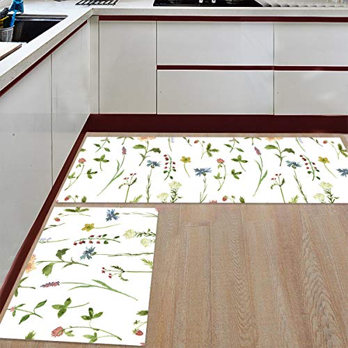 Aomike Kitchen Mats 2 Piece, Wildflower Bellflower Flower Collection Doormat, Absorbent Kitchen Rugs Set Inside Floor Mat for Kitchen/Office/Entryway, 21.5" x 23.6"+21.5" x 47.2"