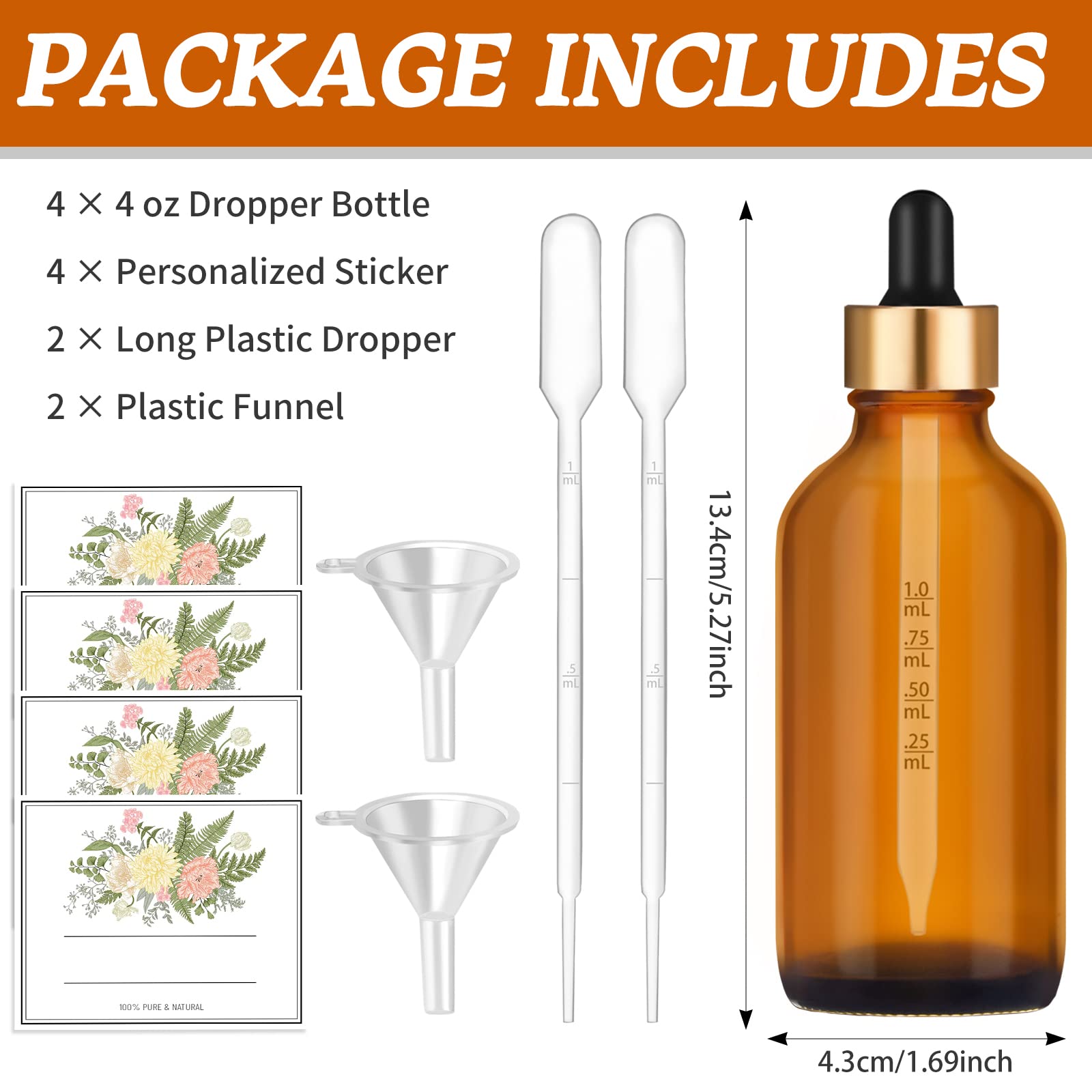 Qeirudu 4 oz Dropper Bottles - 4 Pack Amber Tincture Bottles with Dropper, Funnel, Labels & Pipette Empty Glass Eye Dropper Bottles for Essential Oils, Perfum